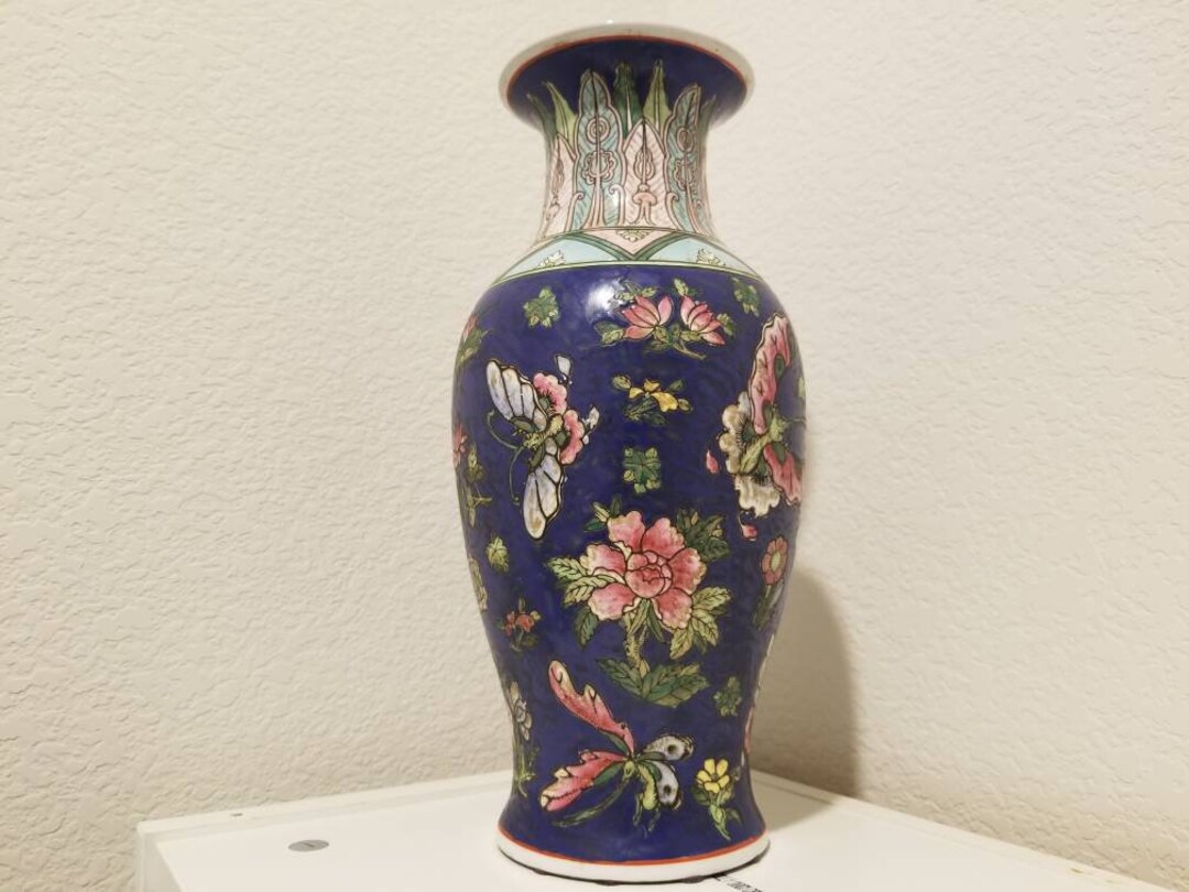 Vintage Hand Painted 12" Tall Indigo Vase, Raised Design, Blue Pink ...