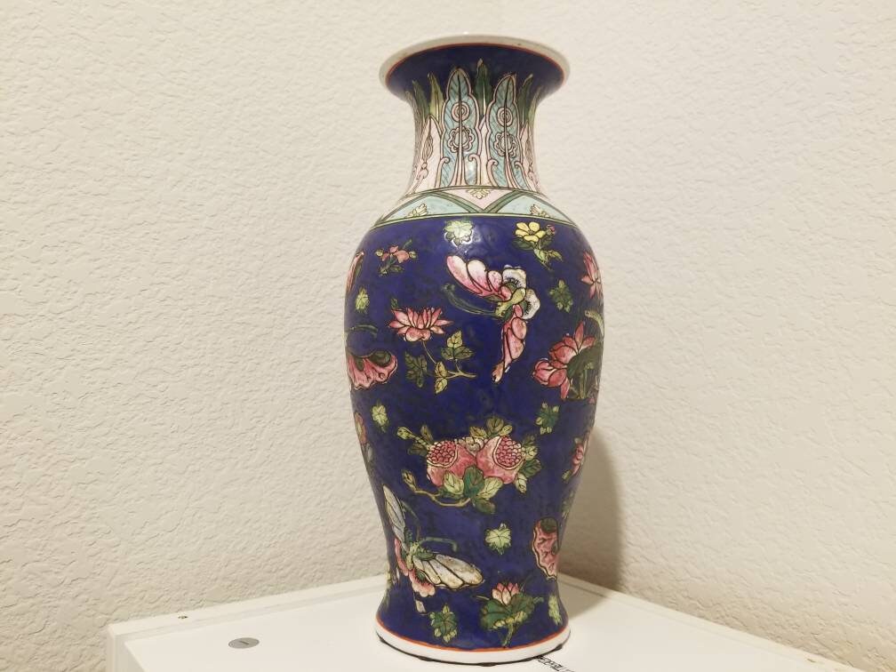 Vintage Hand Painted 12" Tall Indigo Vase, Raised Design, Blue Pink ...
