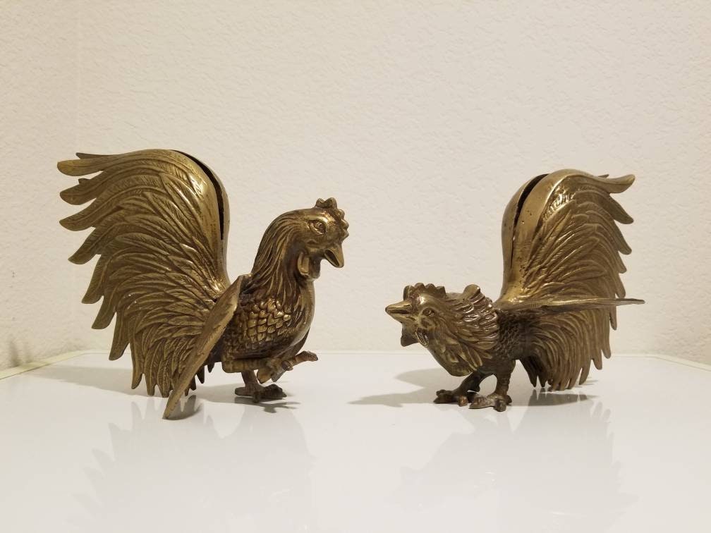 Vintage Set of 2 Brass Rooster Figurine, Pair of Fighting Brass Rooster ...