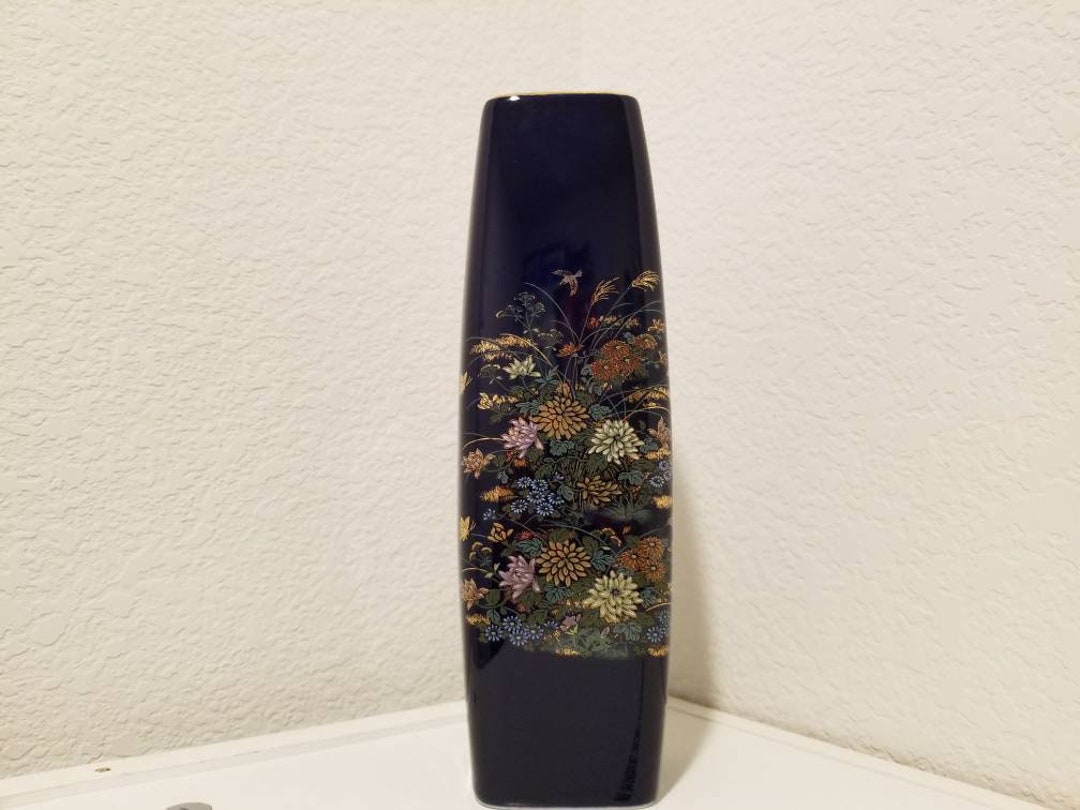 Square Indigo Vase, Japan Hand Painted Vase, Gold Rim Vase, Oriental ...
