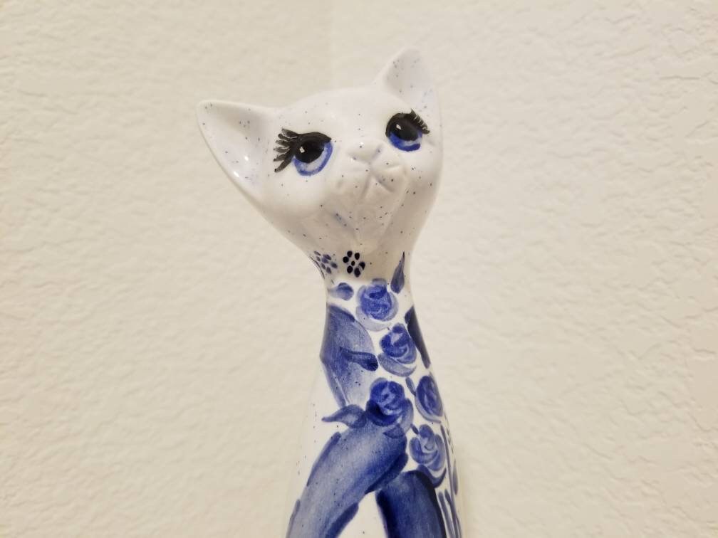 Indigo Cat Figurine, Long Neck Porcelain Cat 10 Inches Tall, Blue White ...
