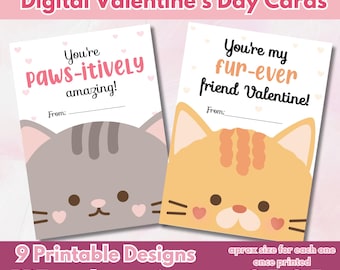 Cat Themed Printable Valentine Cards for Kids-instant DOWNLOAD, 12 ...