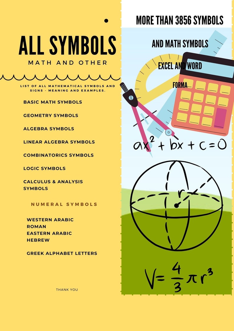 Math Symbols List and 3856 Symbols You Need - Etsy