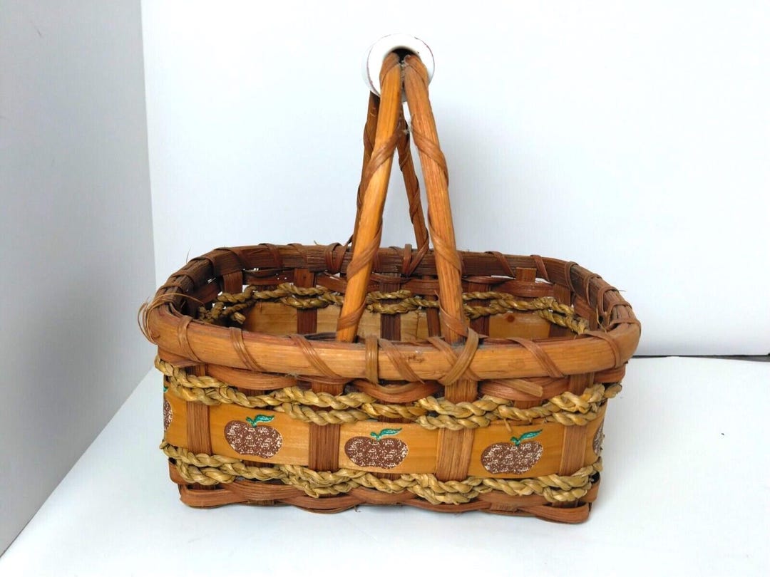 Small Apple Basket W/ Porcelain Handle - Rope Weave - Farmhouse Decor ...