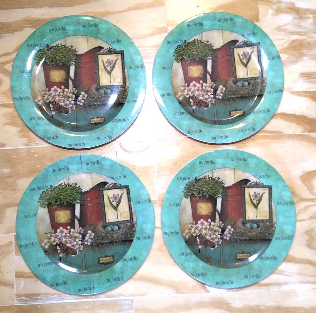 Melamine Au Jardin Evergreen (4) Plates - Floral/pitcher Scene ...