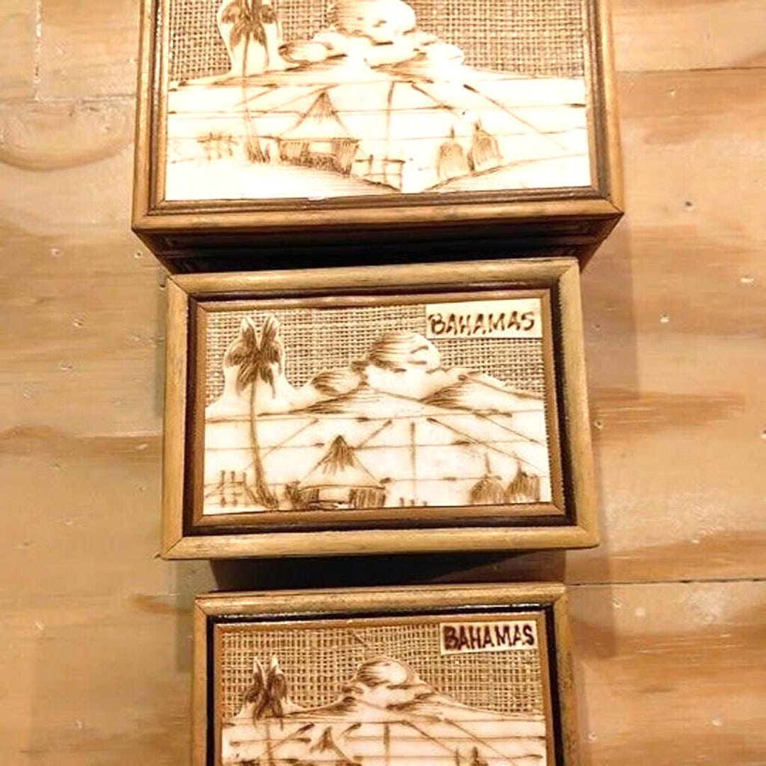 3 IN 1 Bamboo Rectangle Nesting Boxes BAHAMAS Souvenir Palm Trees Beach ...