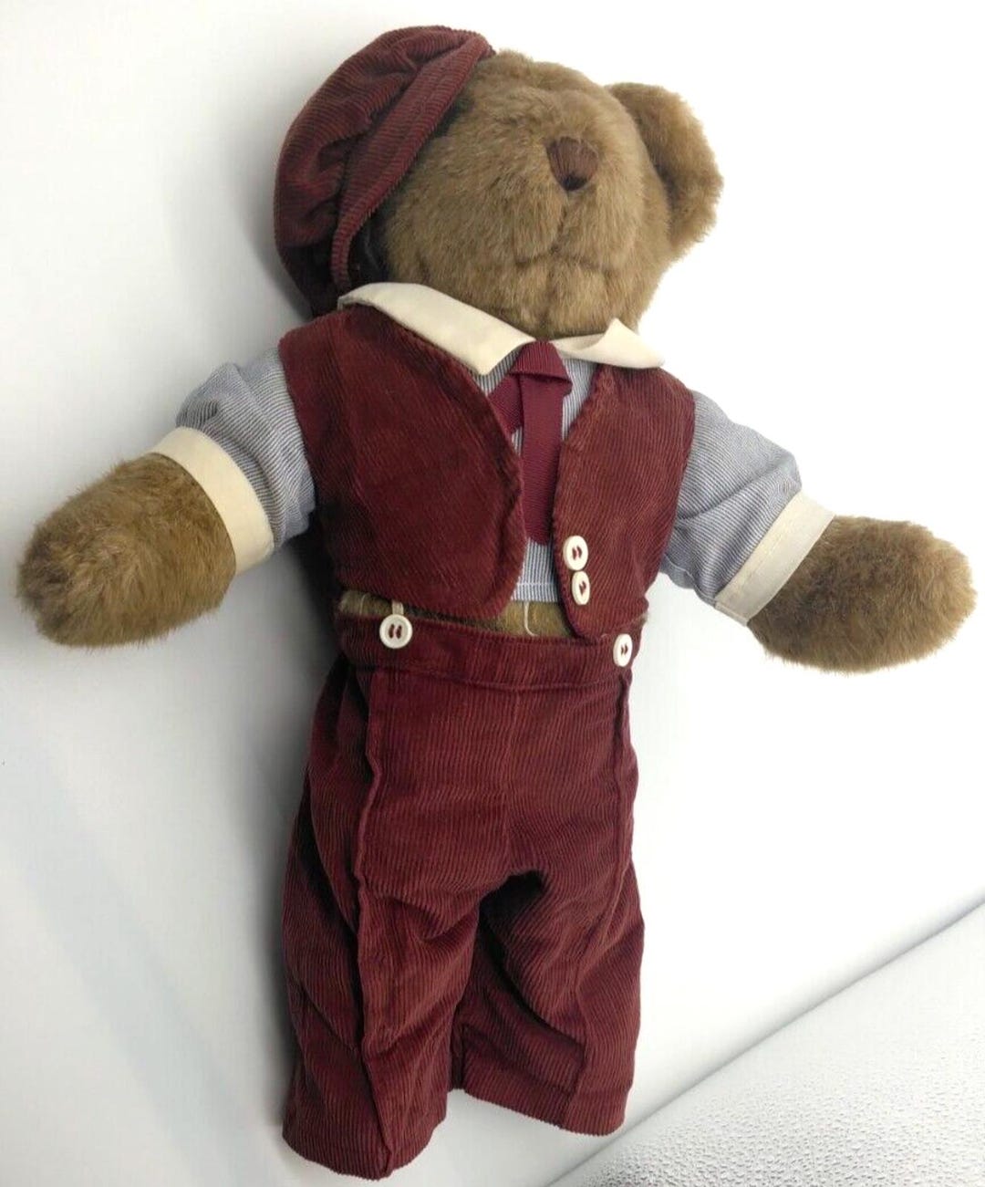 Vtg Dressed Brown Teddy Bear Plush Stuffed Toy Maroon Corduroy Outfit ...