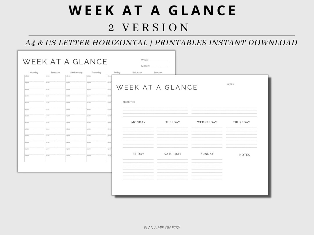 Week at A Glance Planner Weekly Template 2 Version Timed,flexible ...