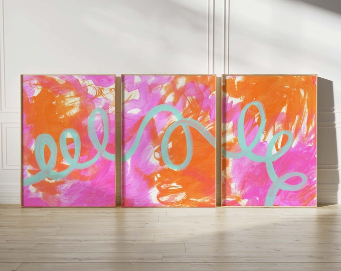 Pink Orange Blue Art Set of 3 Bright Printable Wall Decor Colorful Pink ...
