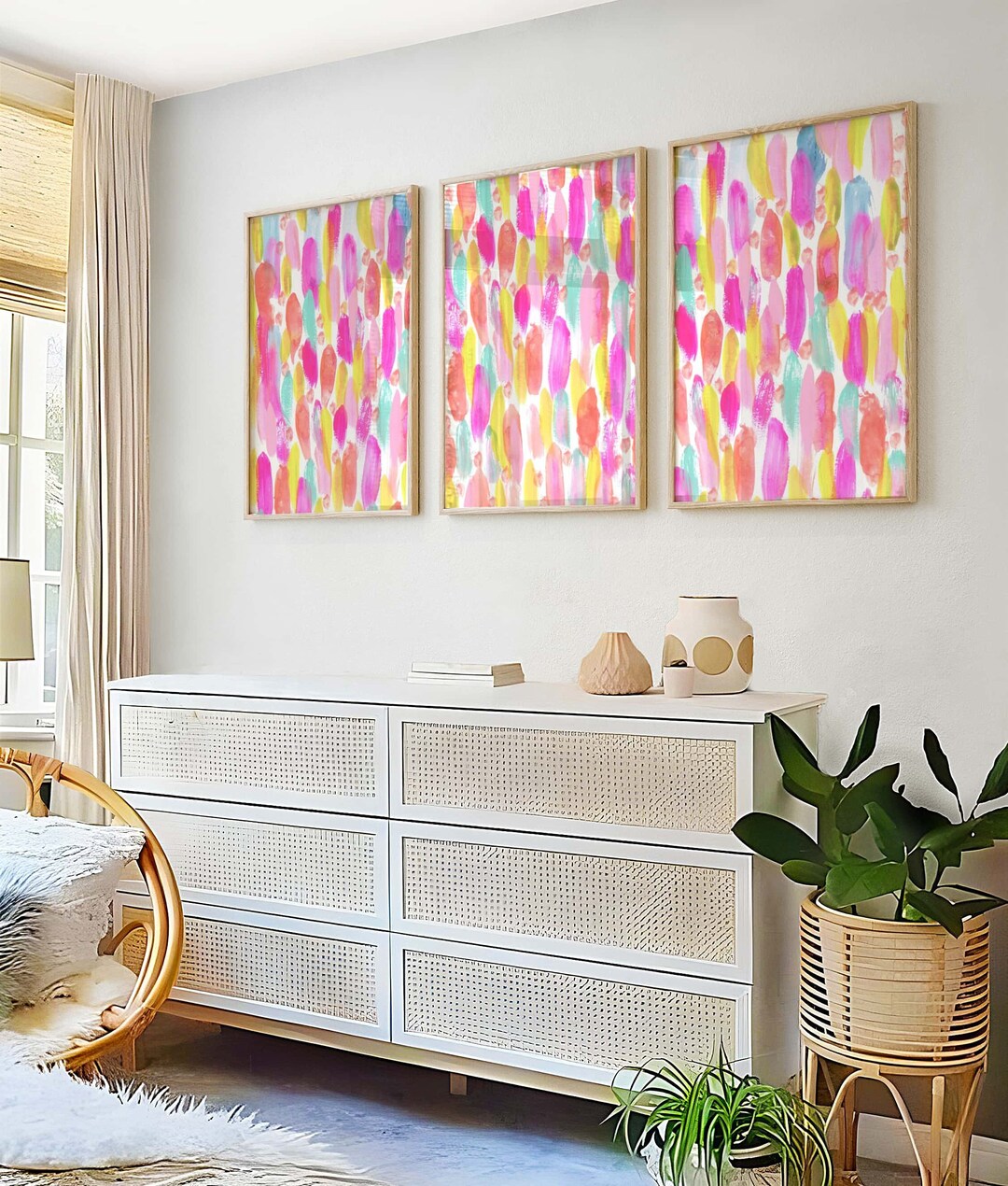 Girly Bedroom Decor - Colorful Pink Prints Trio - Bright Girls Room Art ...