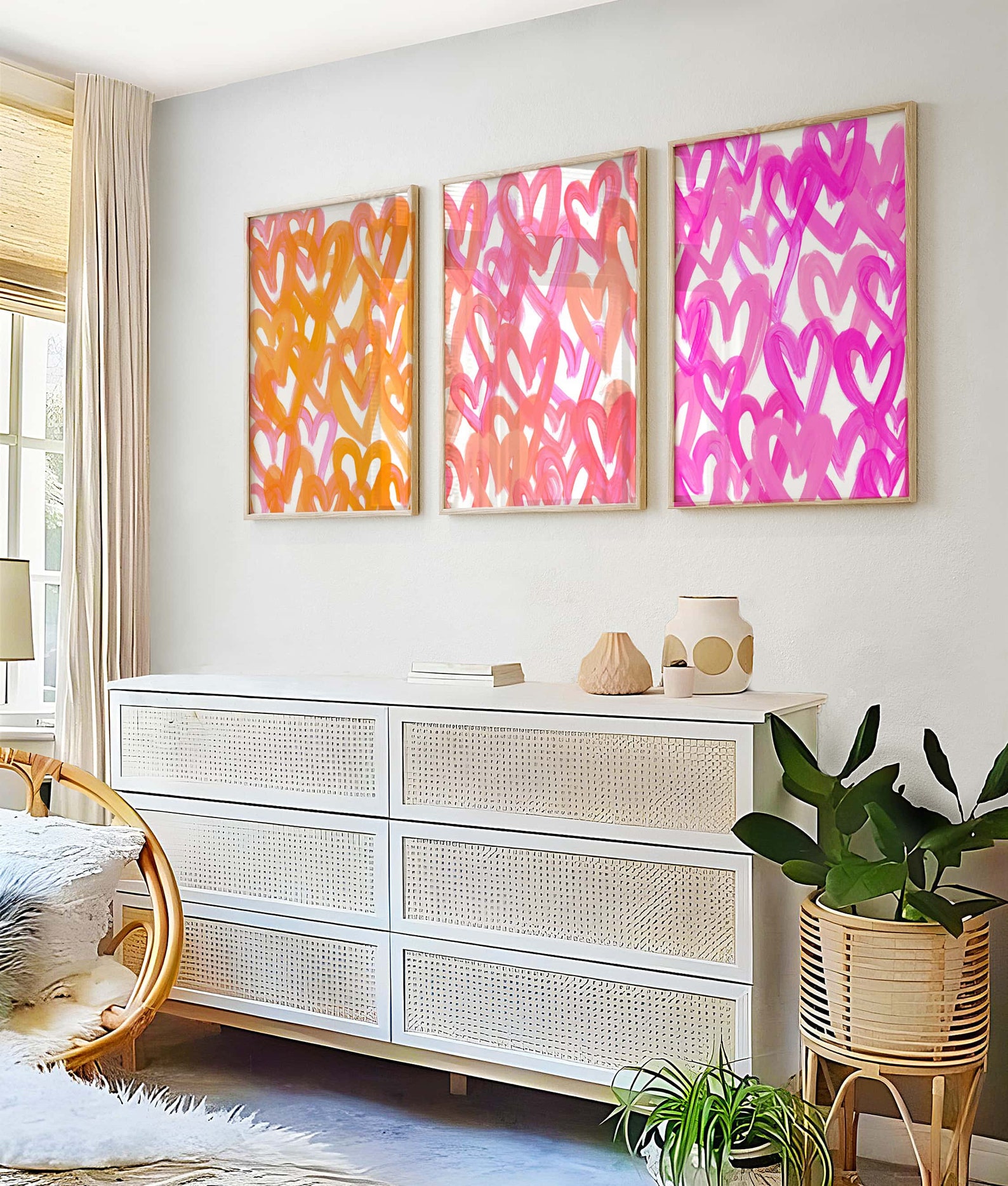 Girly Heart Prints, Bright Heart Prints, Set of 3 Orange and Pink ...