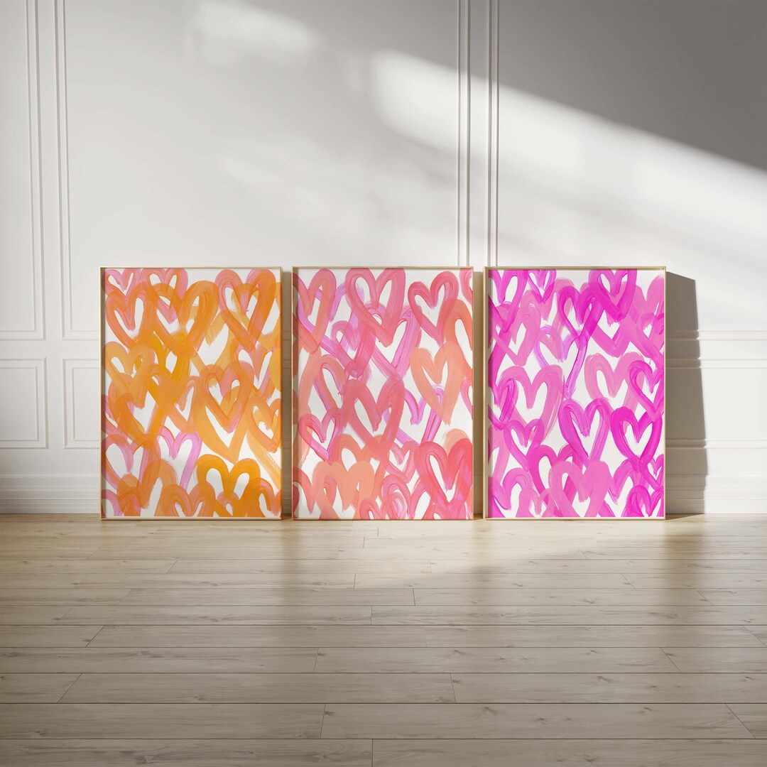 Girly Heart Prints, Bright Heart Prints, Set of 3 Orange and Pink ...