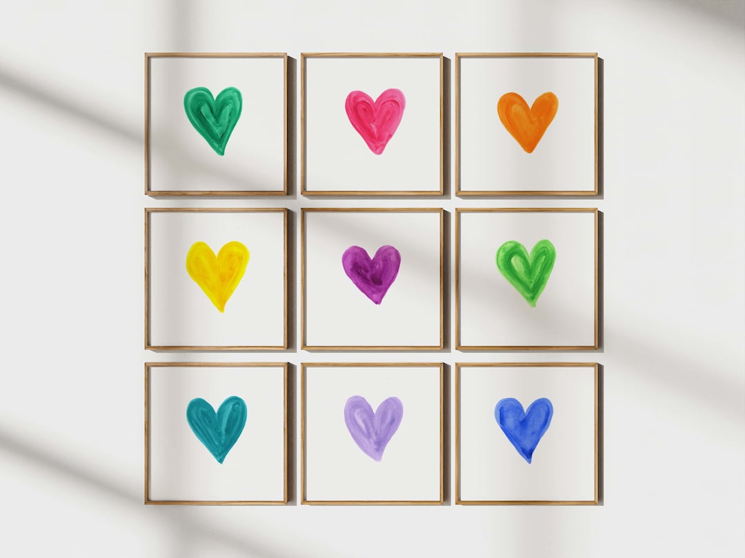 Set of 9 Colorful Heart Prints Heart Prints, Bright Heart Prints for ...