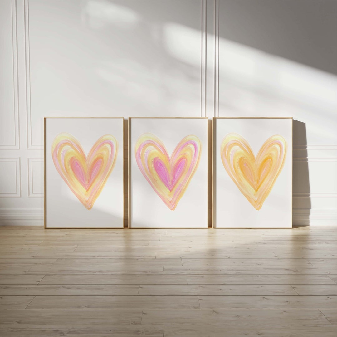 Pink Orange Yellow Heart Prints for Nursery, Set of 3 Heart Prints ...