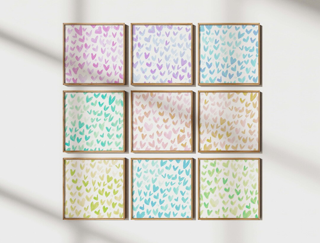 Set of 9 Colorful Heart Prints Heart Prints, Bright Heart Prints for ...