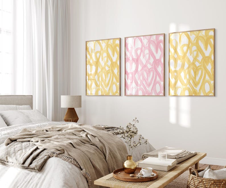 Pink and Yellow Wall Art Set of 3 Prints - Pink and Yellow Abstract ...