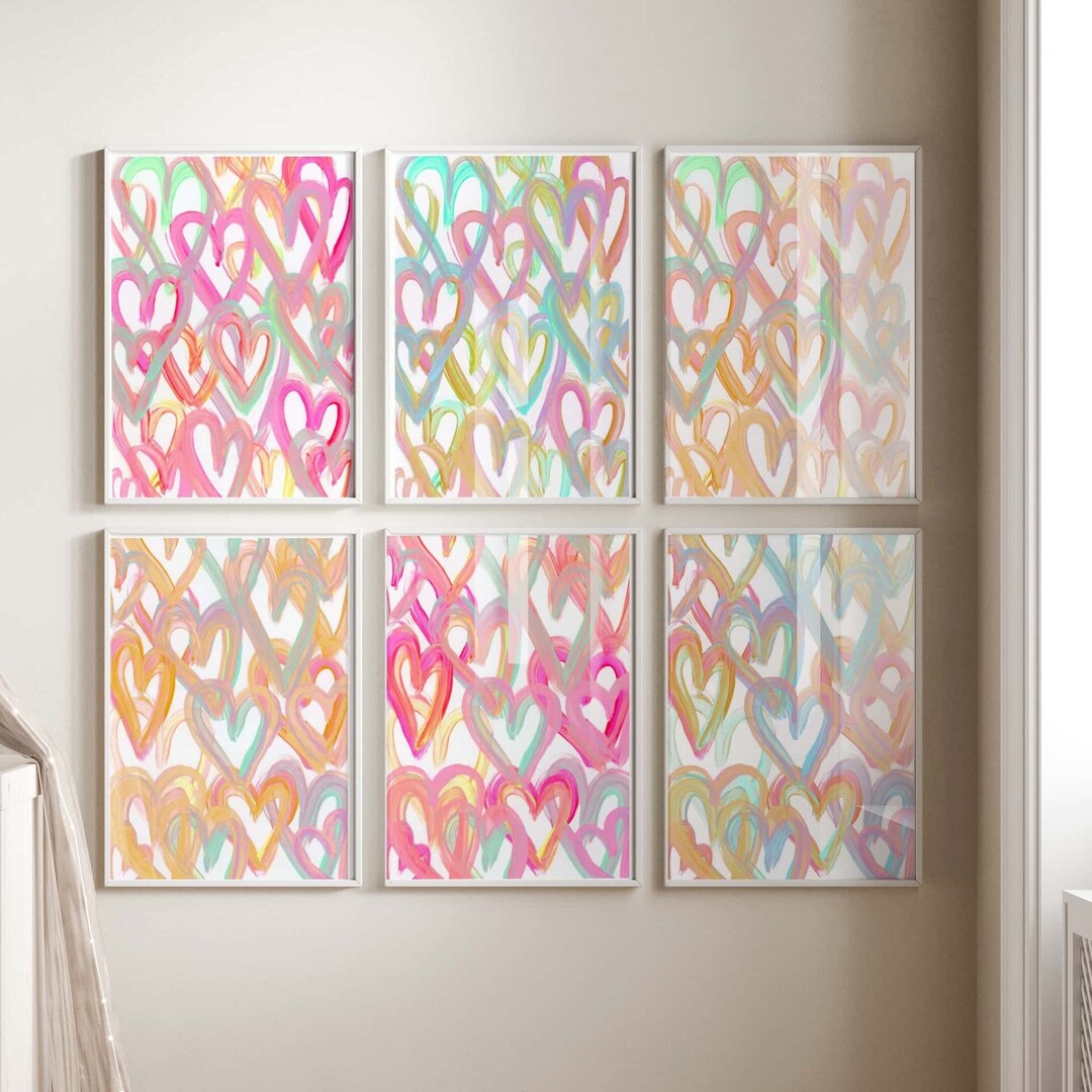 Set of 6 Heart Prints Heart Prints, Bright Heart Prints for Playroom ...