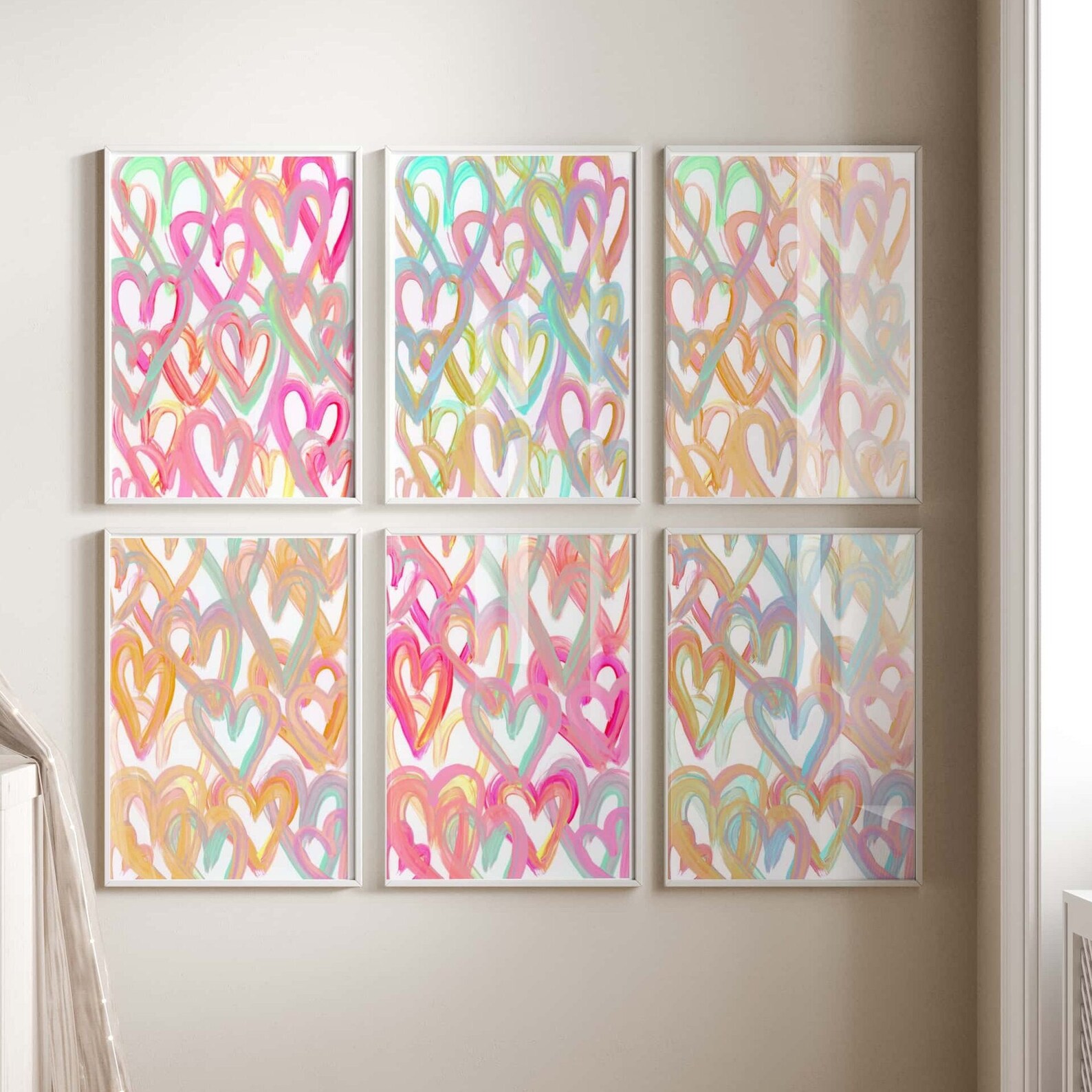 Set of 6 Heart Prints Heart Prints, Bright Heart Prints for Playroom ...