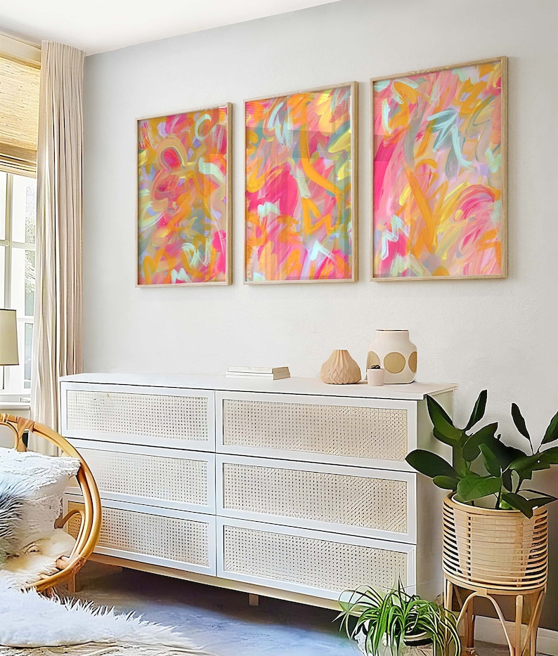 Set of 3 Vibrant Digital Prints in Bright Orange and Pink Blue ...