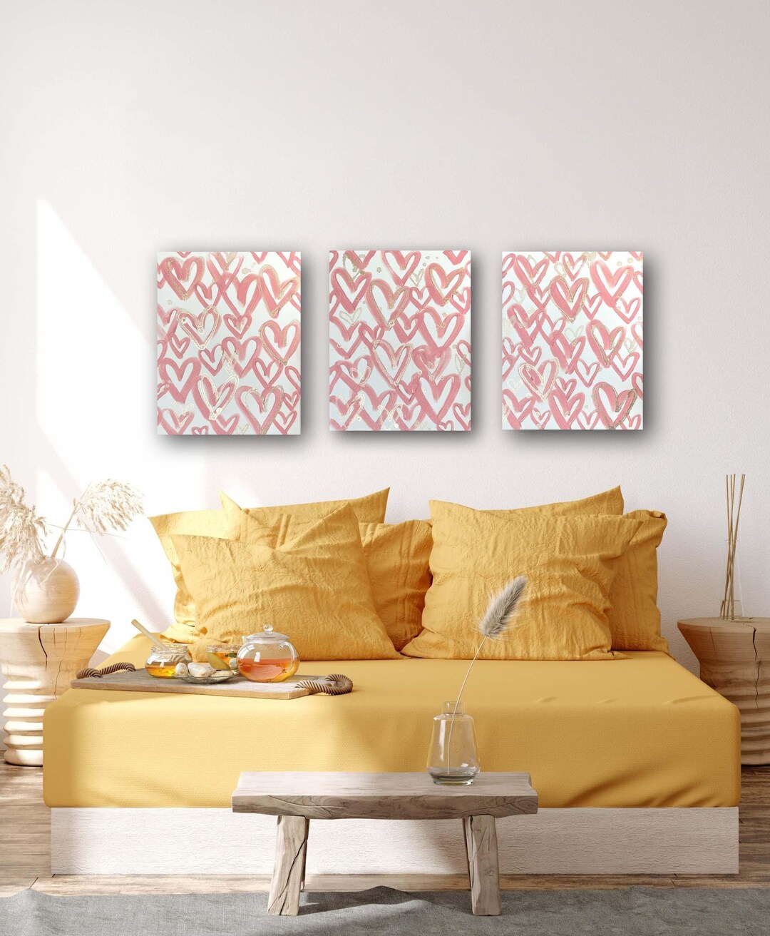 Light Pink Wall Art - Light Pink Canvas Heart Art - Heart Canvas Trio ...