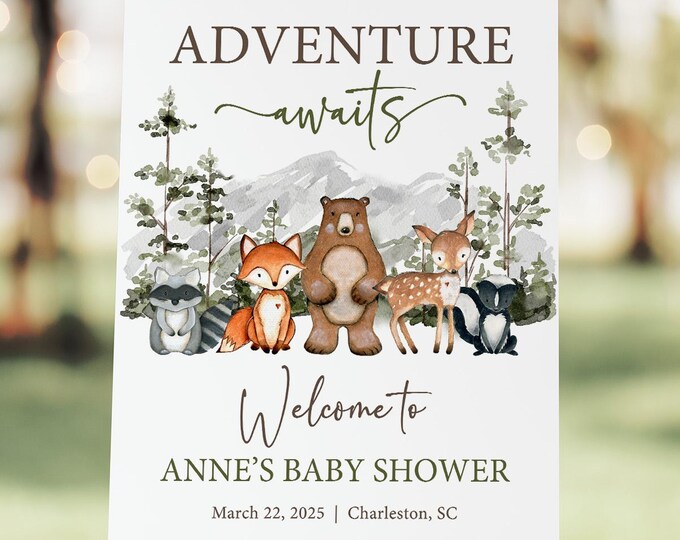 Woodland Baby Shower Welcome Sign, Adventure Awaits Baby Shower Sign ...