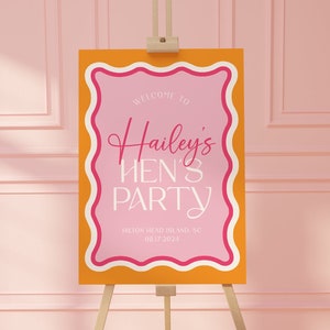 Pink Hen Party Sign, Orange and Pink Hen Party Welcome Sign, Retro Hen ...