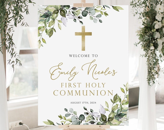 First Holy Communion Welcome Sign, Greenery First Communion Welcome ...