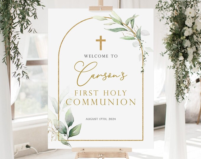 Greenery First Communion Welcome Sign, Personalized First Holy ...