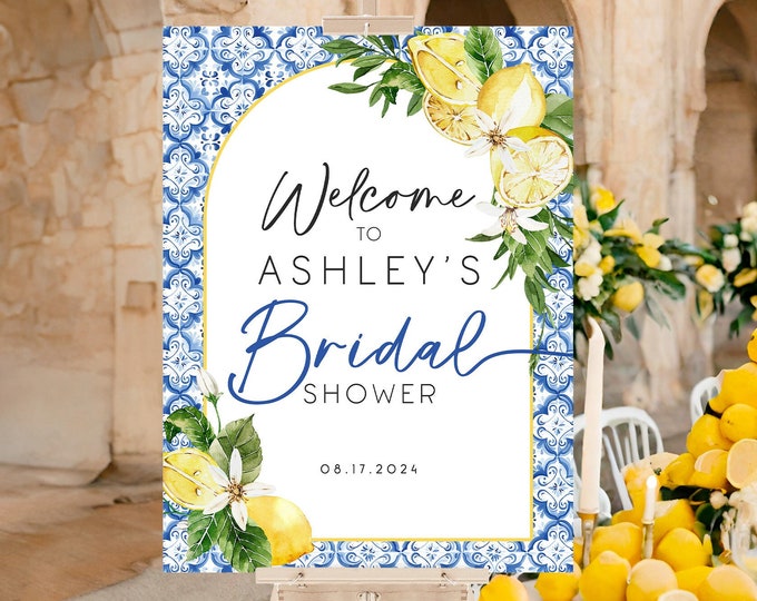 Blue Tile Lemon Welcome Sign, Lemon Bridal Shower Sign, Mediterranean ...