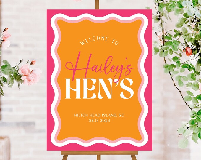 Hen Party Welcome Sign, Orange and Pink Hen Party Sign, Bachelorette ...