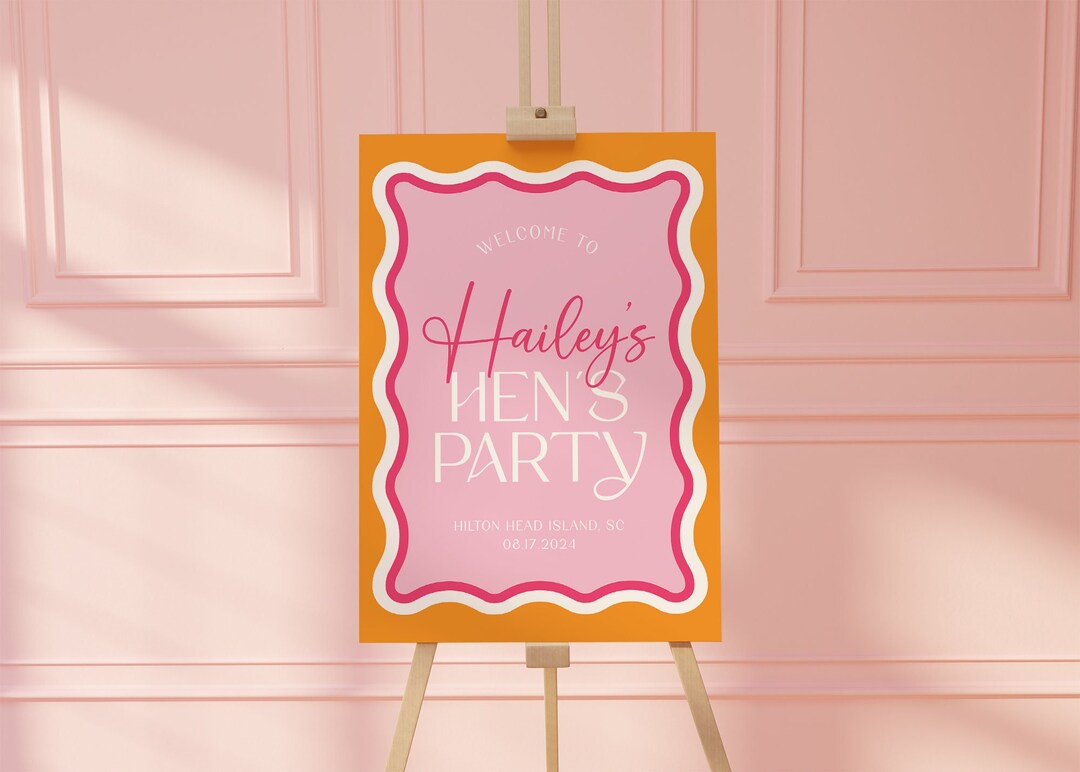 Pink Hen Party Sign, Orange and Pink Hen Party Welcome Sign, Retro Hen ...