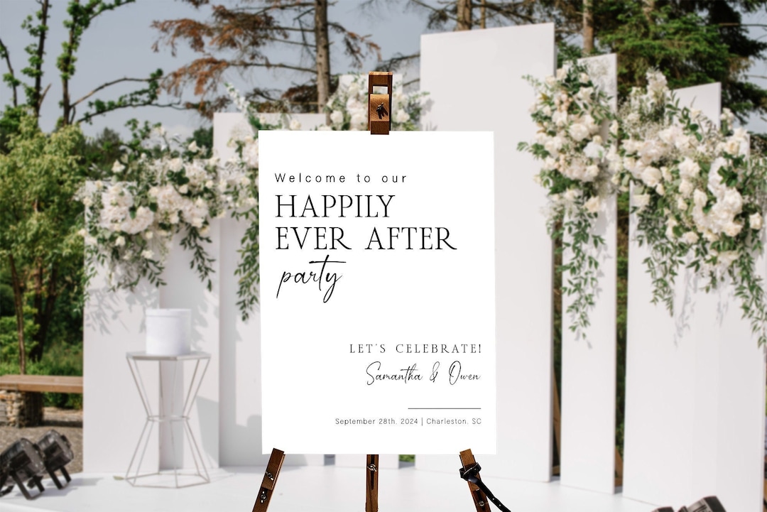 Happily Ever After Party Sign, Minimalist Wedding Welcome Sign, Wedding ...