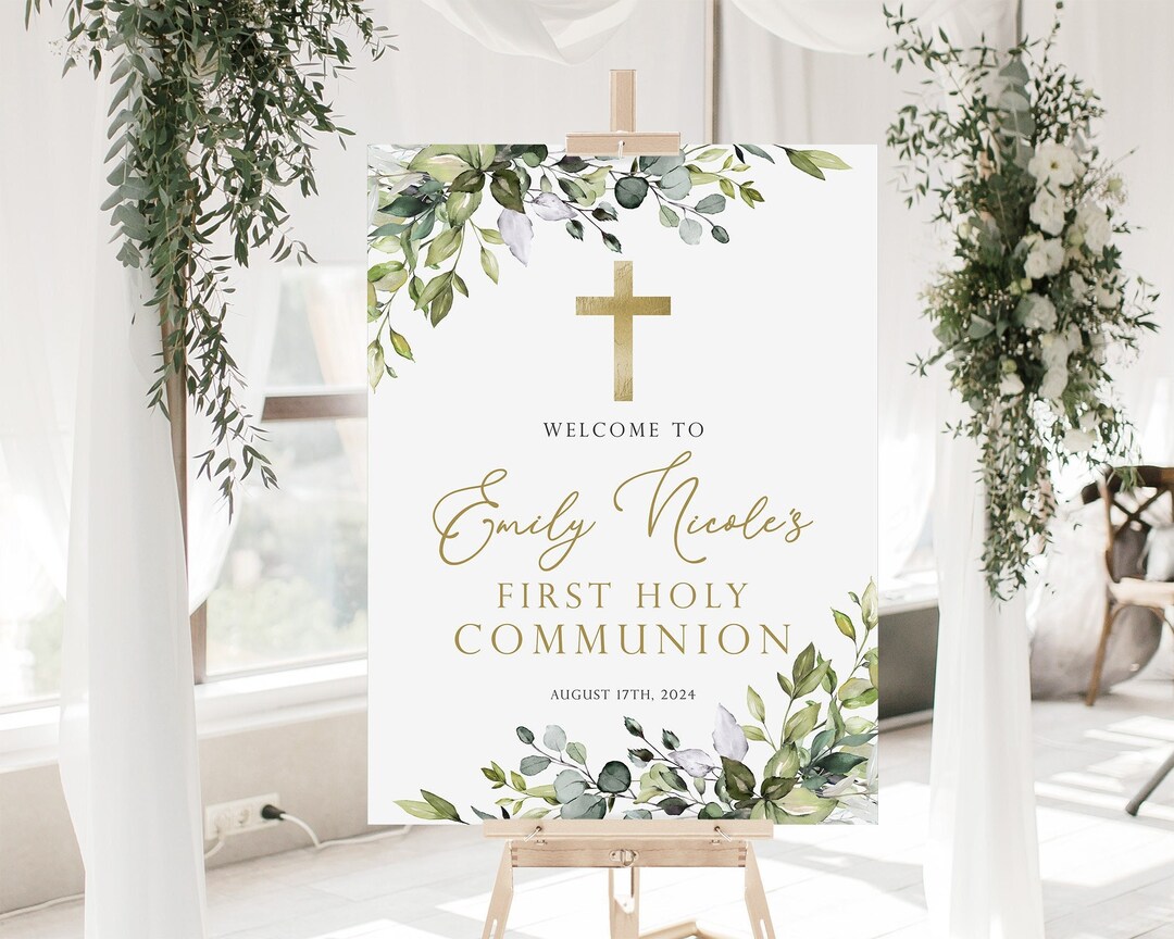 First Holy Communion Welcome Sign, Greenery First Communion Welcome ...
