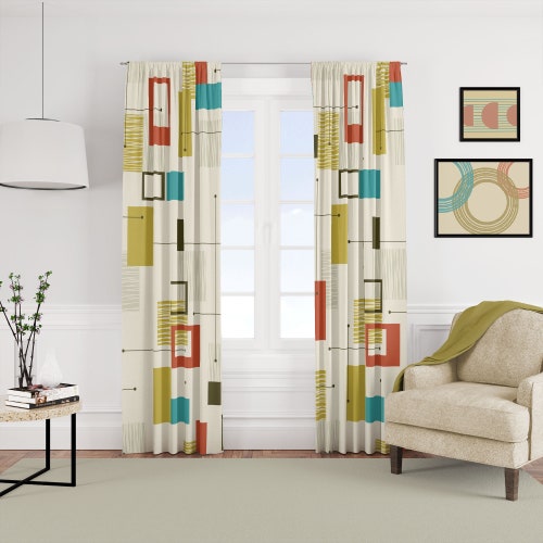 Mid Century Modern Abstract Squares And Lines Window Curtains In Etsy