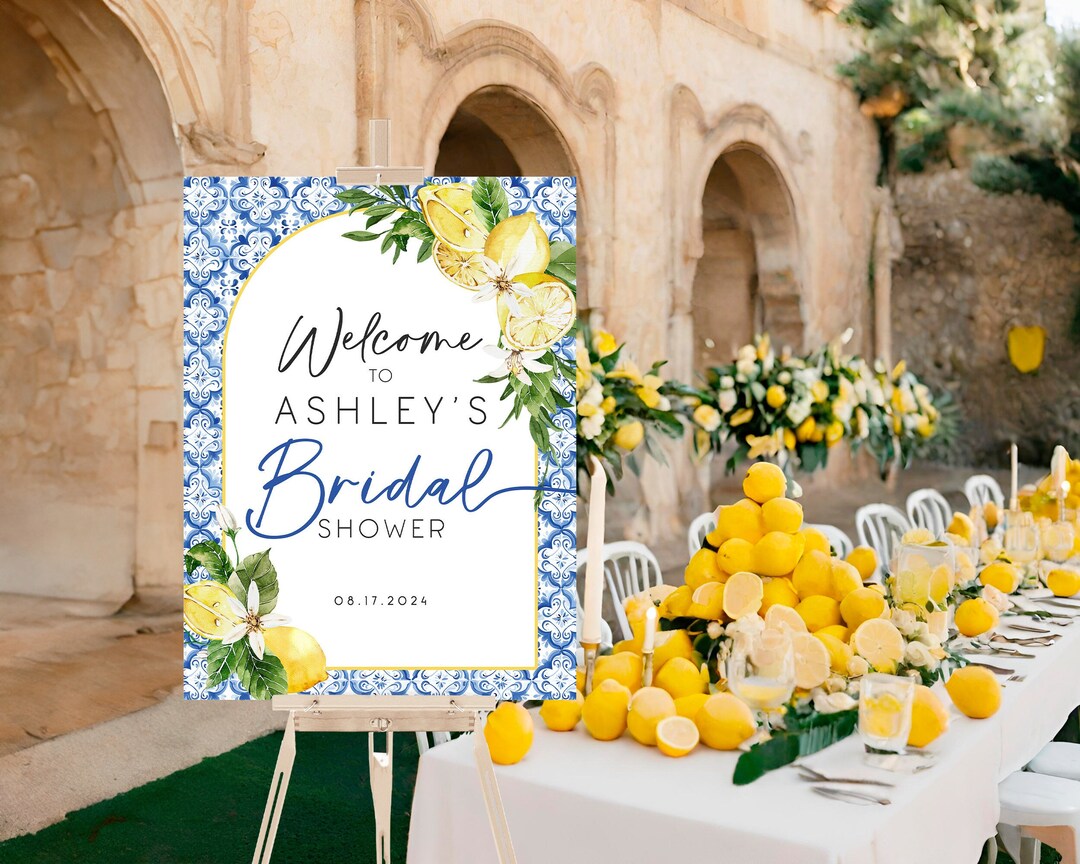 Blue Tile Lemon Welcome Sign, Lemon Bridal Shower Sign, Mediterranean ...