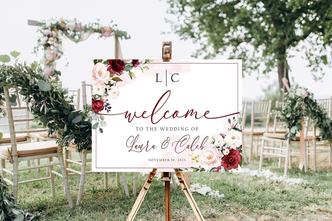 Burgundy Wedding Welcome Sign, Floral Wedding Sign, Custom Wedding ...