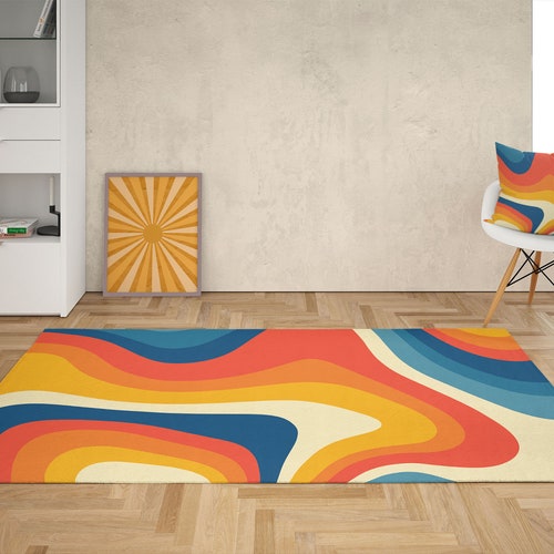 70s Style Pink Wavy Rug Indie Room Decor Area Rug Orange - Etsy