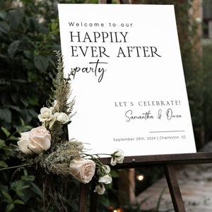Happily Ever After Party Sign, Minimalist Wedding Welcome Sign, Wedding ...