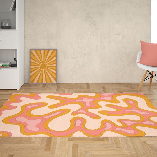 70s Style Pink Wavy Rug Indie Room Decor Area Rug Orange - Etsy