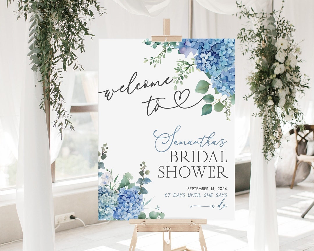 Blue Hydrangea Bridal Shower Sign, Blue Floral Bridal Shower Welcome ...