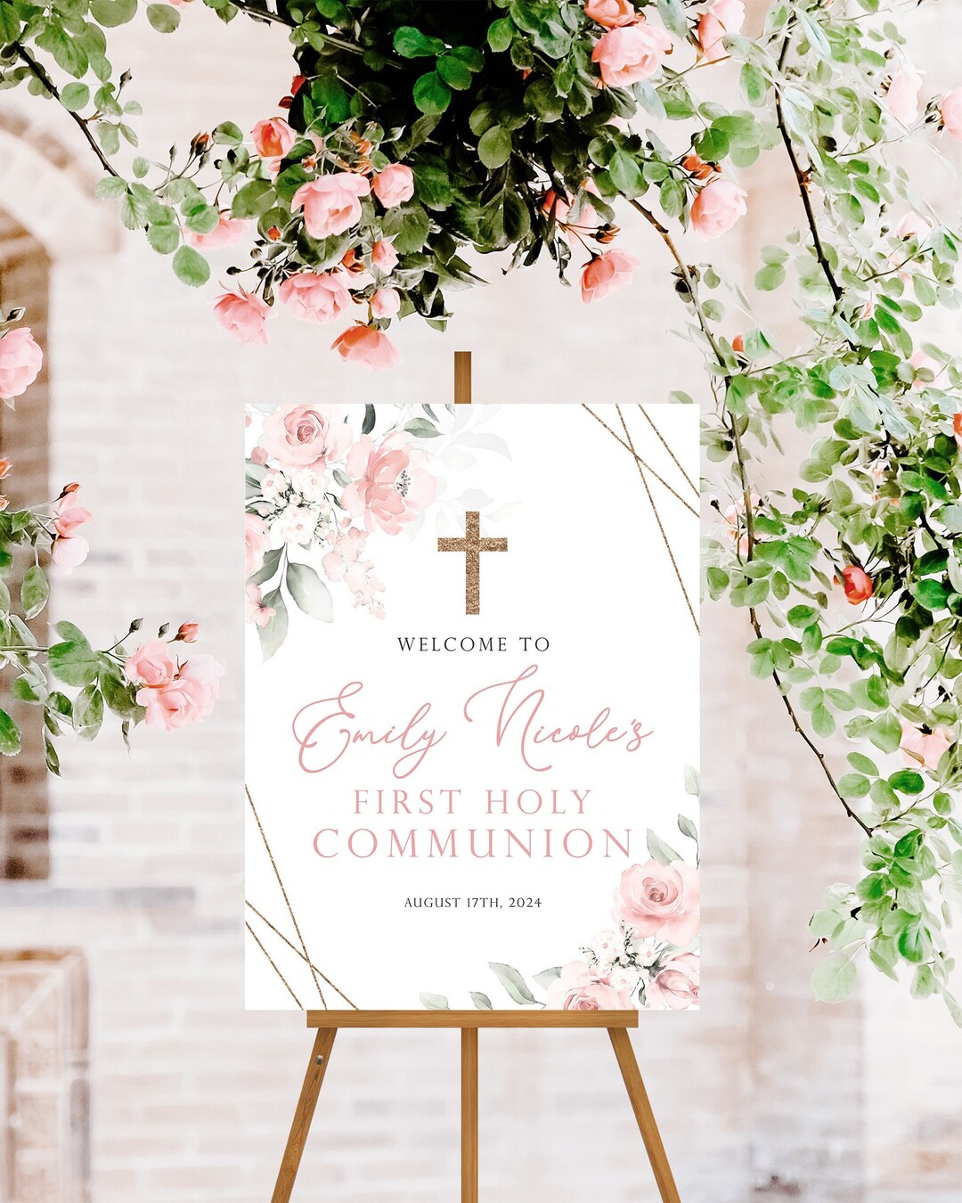 Pink First Holy Communion Welcome Sign, Floral First Communion Welcome ...