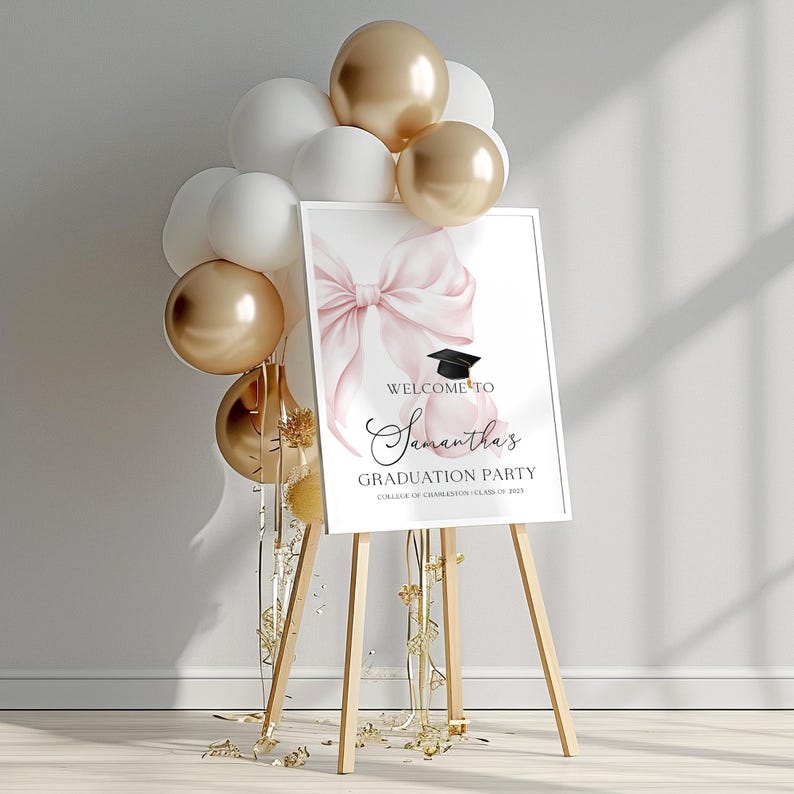 Coquette Graduation Welcome Sign, Pink Bow Graduation Sign, Graduation ...