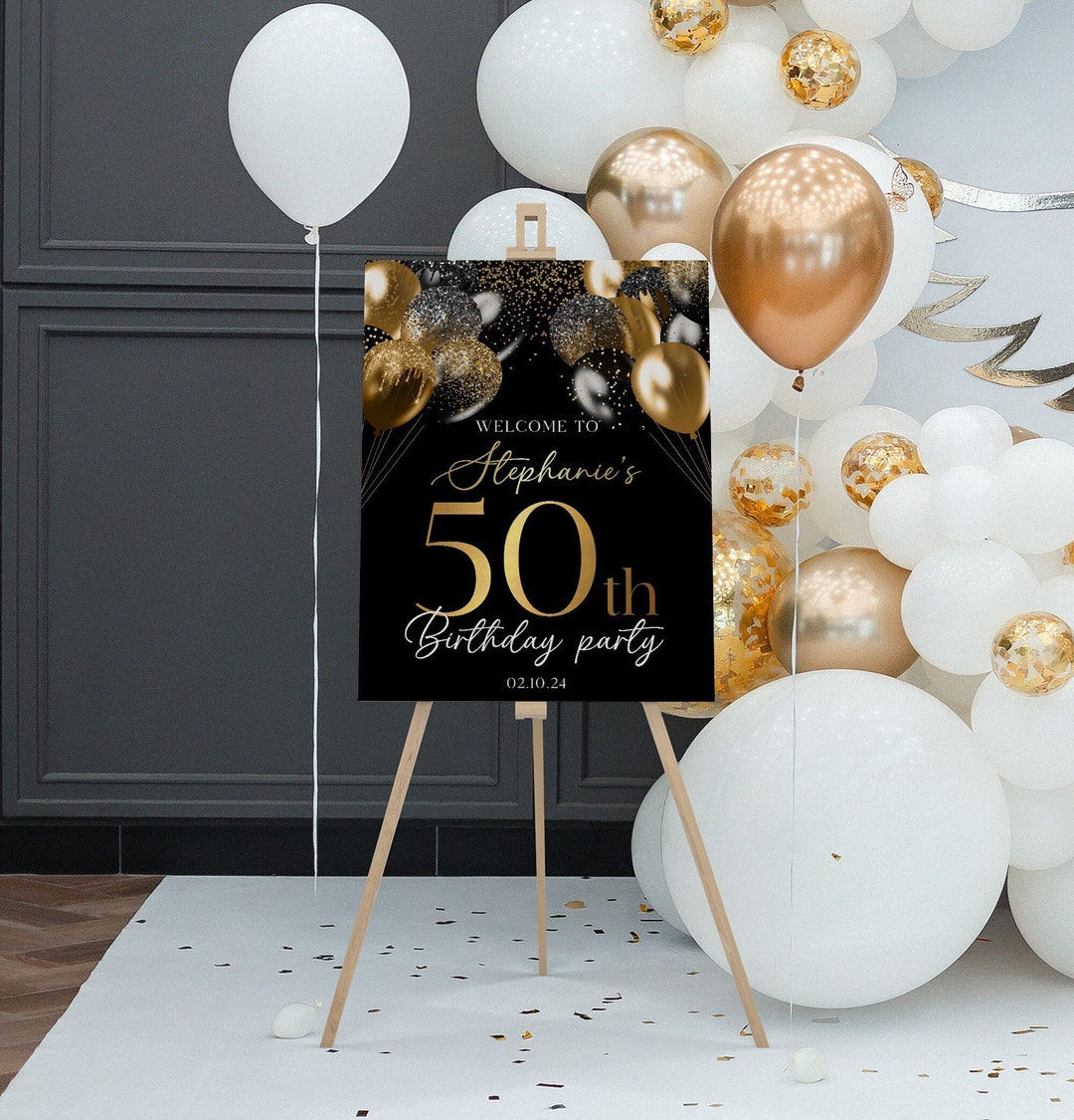 Birthday Welcome Sign, Black and Gold Birthday Sign for Easel, Custom ...