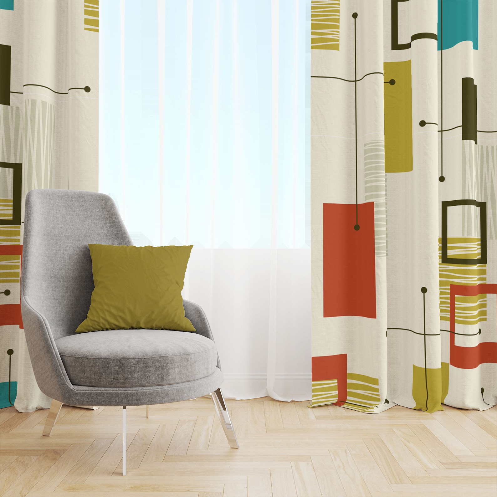 Mid Century Modern Curtains, Mid Century Modern Decor, Retro Abstract ...