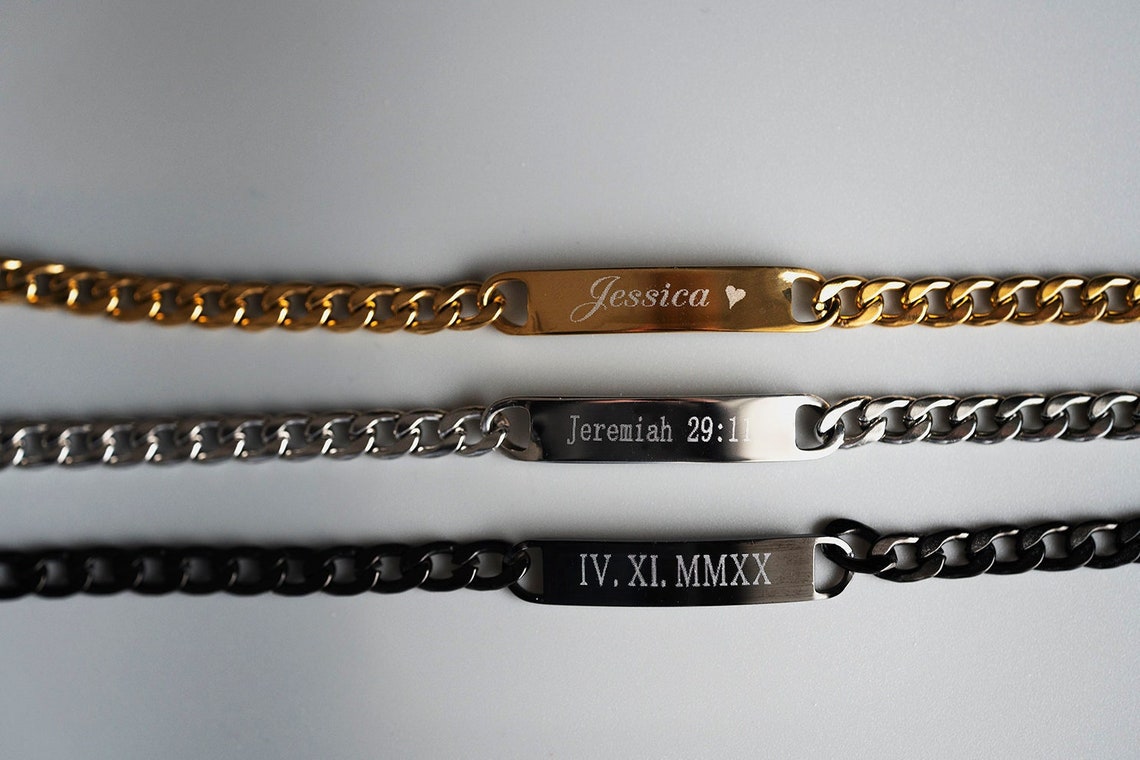 Id Bracelet Custom Name Bracelets Silver Engraved Name - Etsy