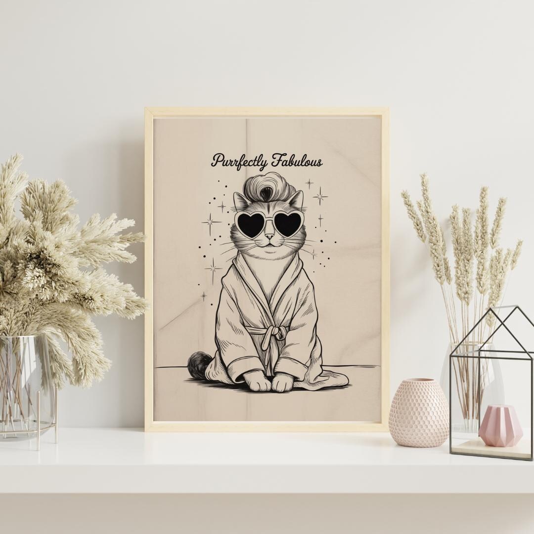 Purrfectly Fabulous Cat Wall Art - Retro Glam Cat in Robe Illustration ...