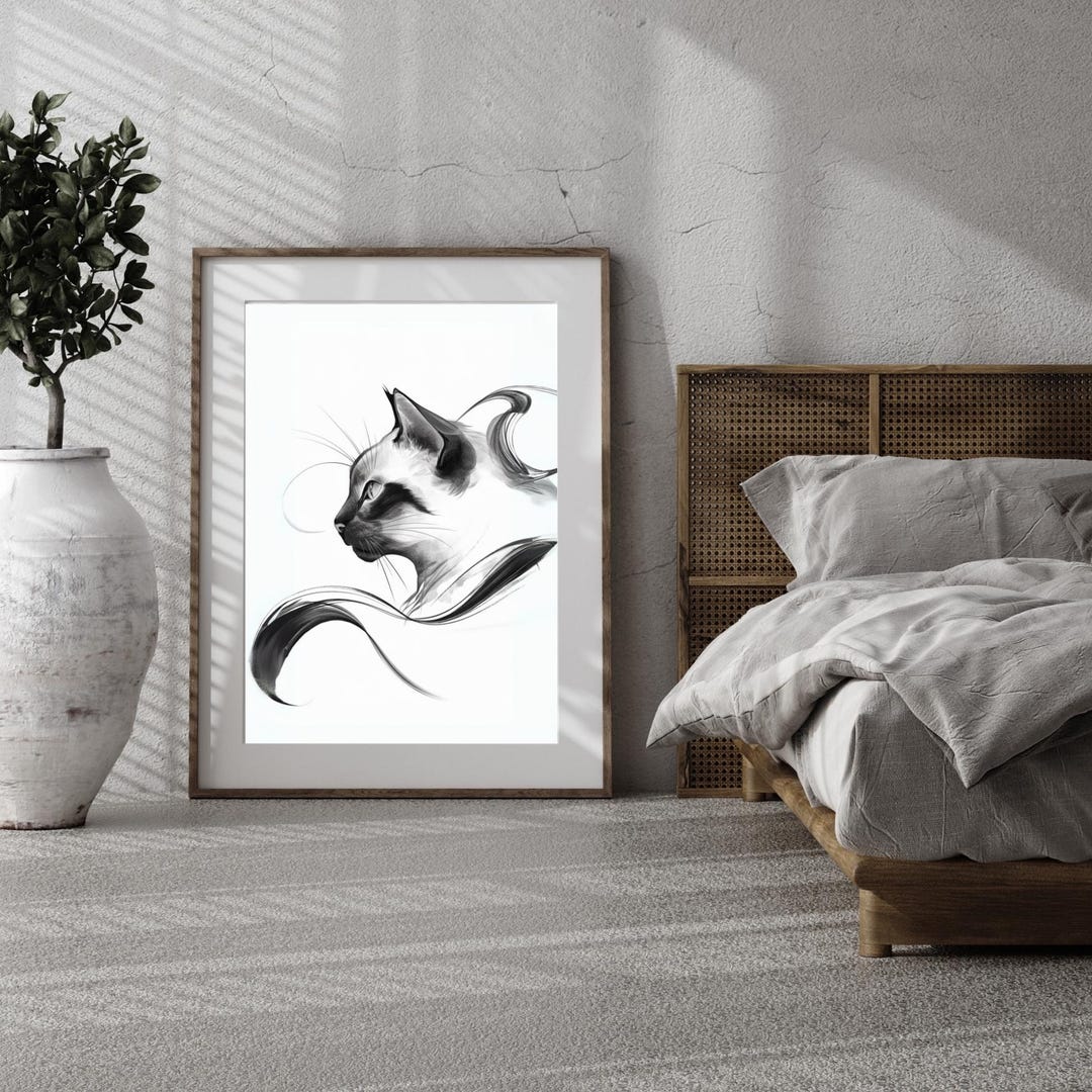 Minimalist Cat Line Art Print: Elegant Black and White Siamese (PDF ...