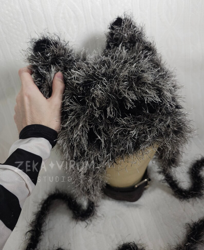 Fluffy Crochet Cat Ear Hat With Long Tassels Black and Gray - Etsy