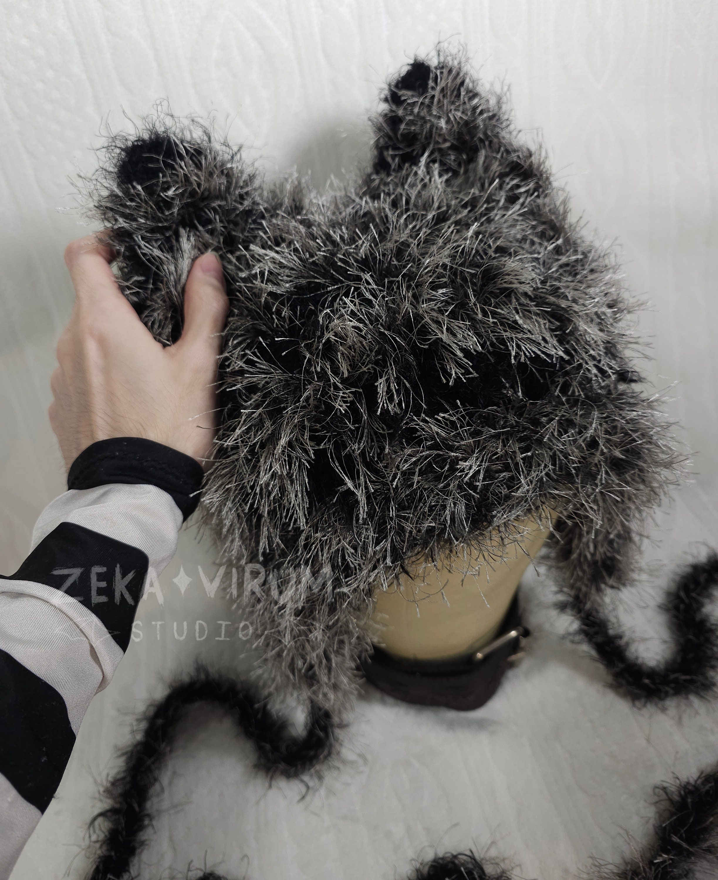 Fluffy Crochet Cat Ear Hat With Long Tassels Black and Gray - Etsy