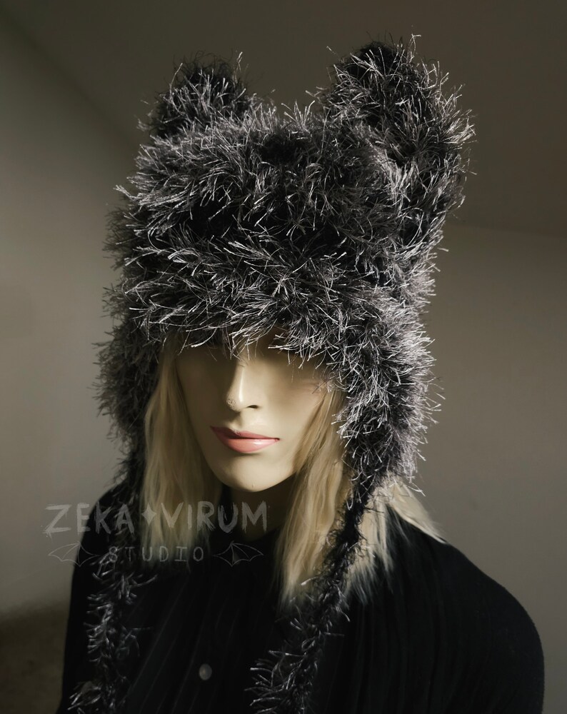 Fluffy Crochet Cat Ear Hat With Long Tassels Black and Gray - Etsy